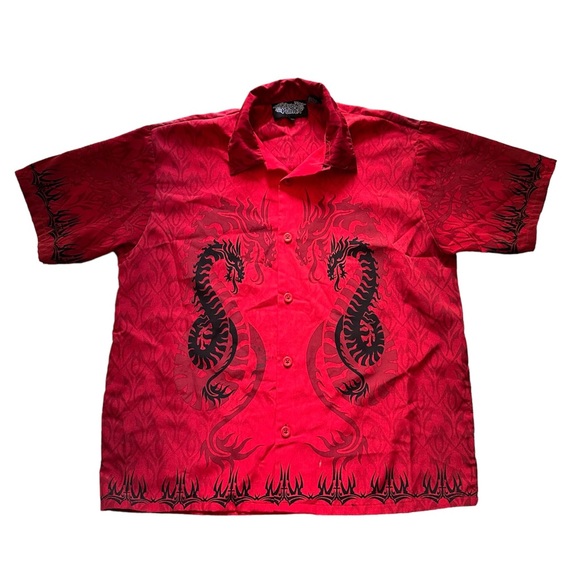 silver point | Shirts | Vtg Y2k 200s Bright Red Dragon Flame Print Guy ...